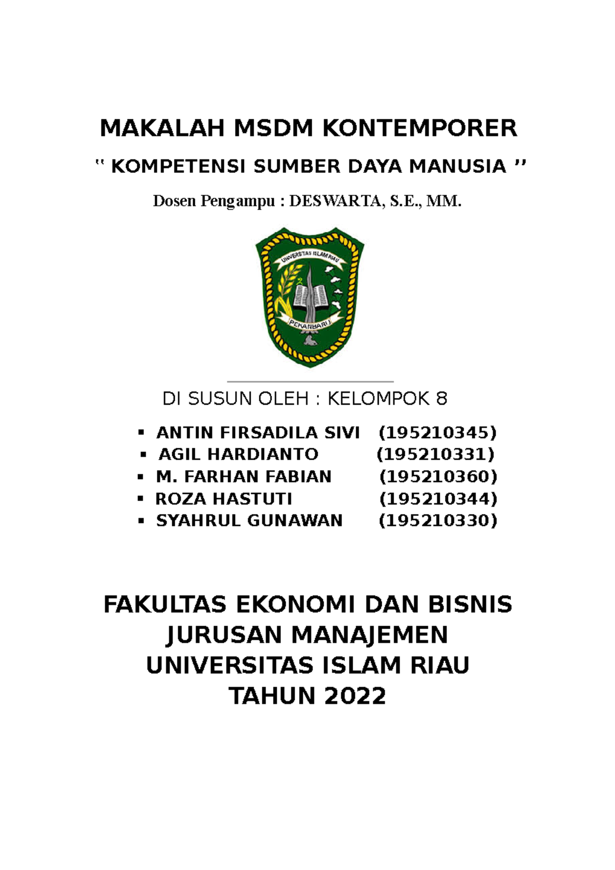Makalah MSDM Kontemporer: Kompetensi Sumber Daya Manusia Kel 8 - Studocu