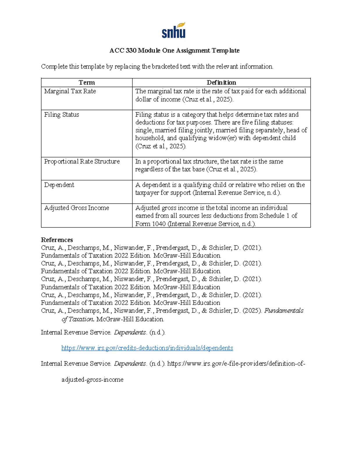 ACC 330 Module One Assignment: Marginal Tax Rate & Filing Status - Studocu