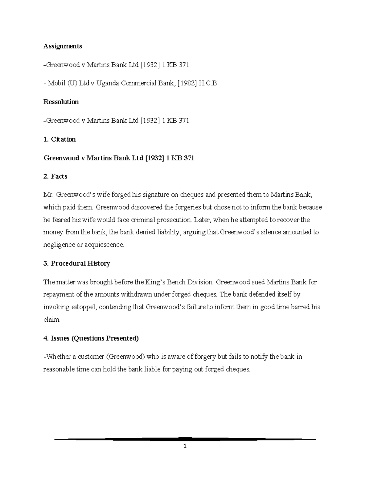 Assignments: Greenwood v Martins Bank Ltd & Mobil (U) Ltd Case Analysis ...