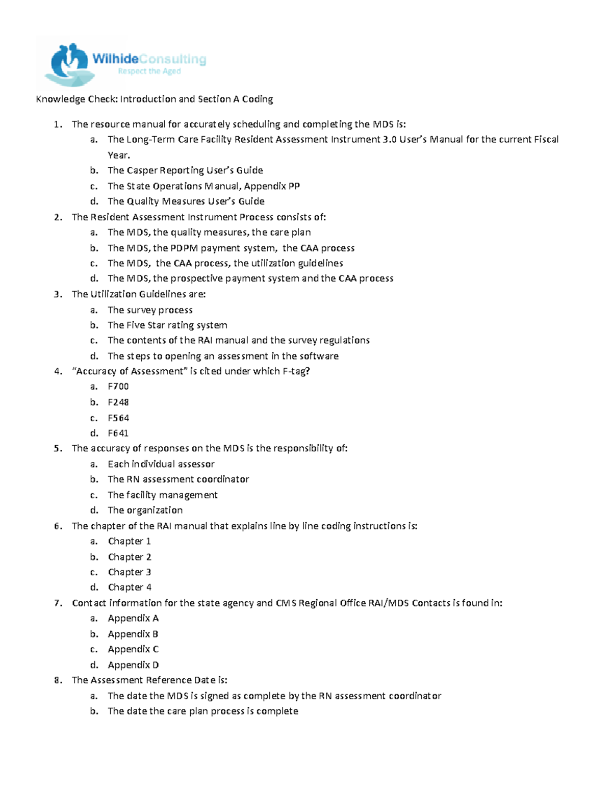 MDS 101: Knowledge Check for Intro & Section A Coding Insights - Studocu