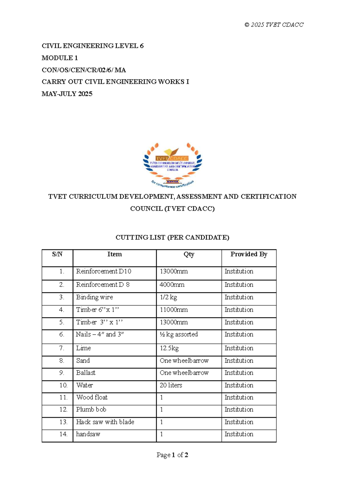 Civil Engineering Level 6 Module 1: Civil Works - Water Supply Notes ...