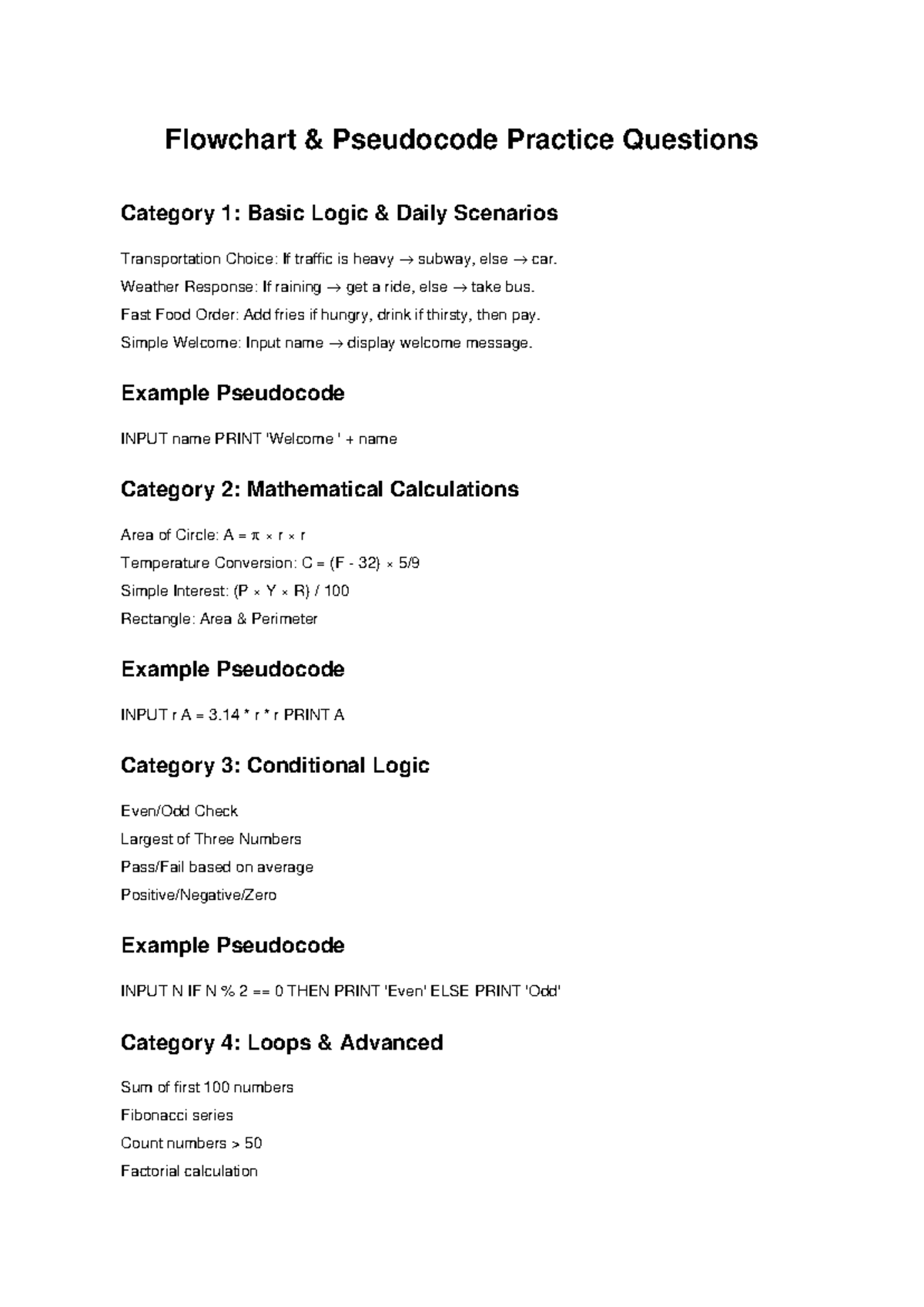 Flowchart Pseudocode Practice Questions: Basic to Advanced Logic - Studocu