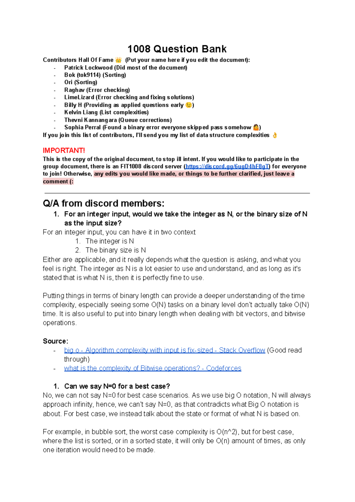 FIT1008 Question Bank: Contributors & Sorting Algorithms Overview - Studocu