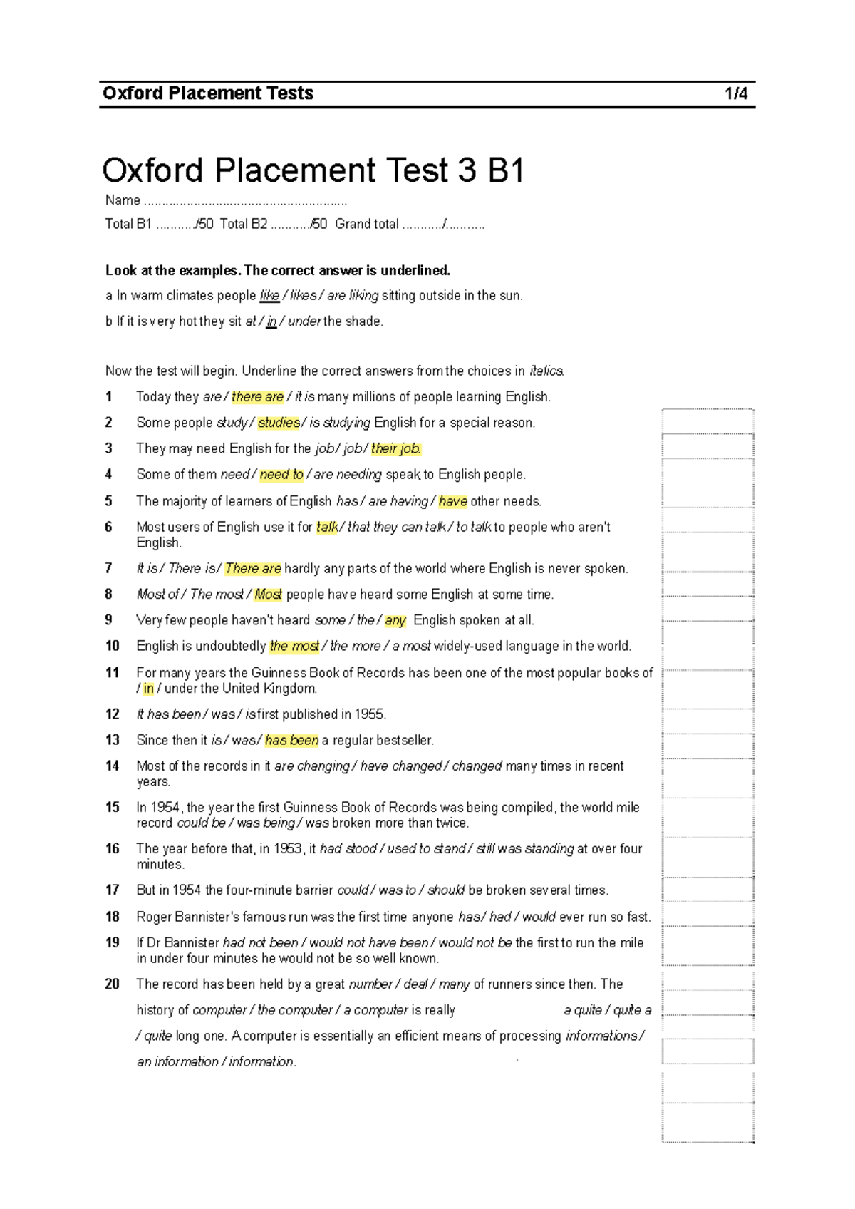 Oxford Placement Tests: Placement Test 3 B1-B2 Review and Answers - Studocu