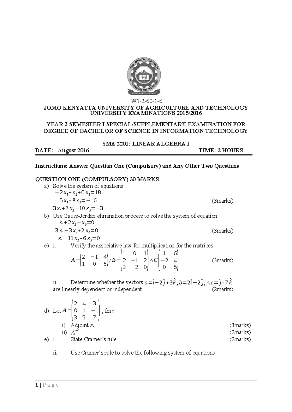 SMA 2201: Linear Algebra I Past Exam Paper Analysis - Studocu