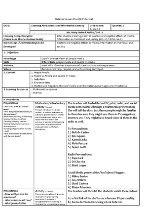 Media and information literacy - DETAILED LESSON PLAN MEDIA AND ...