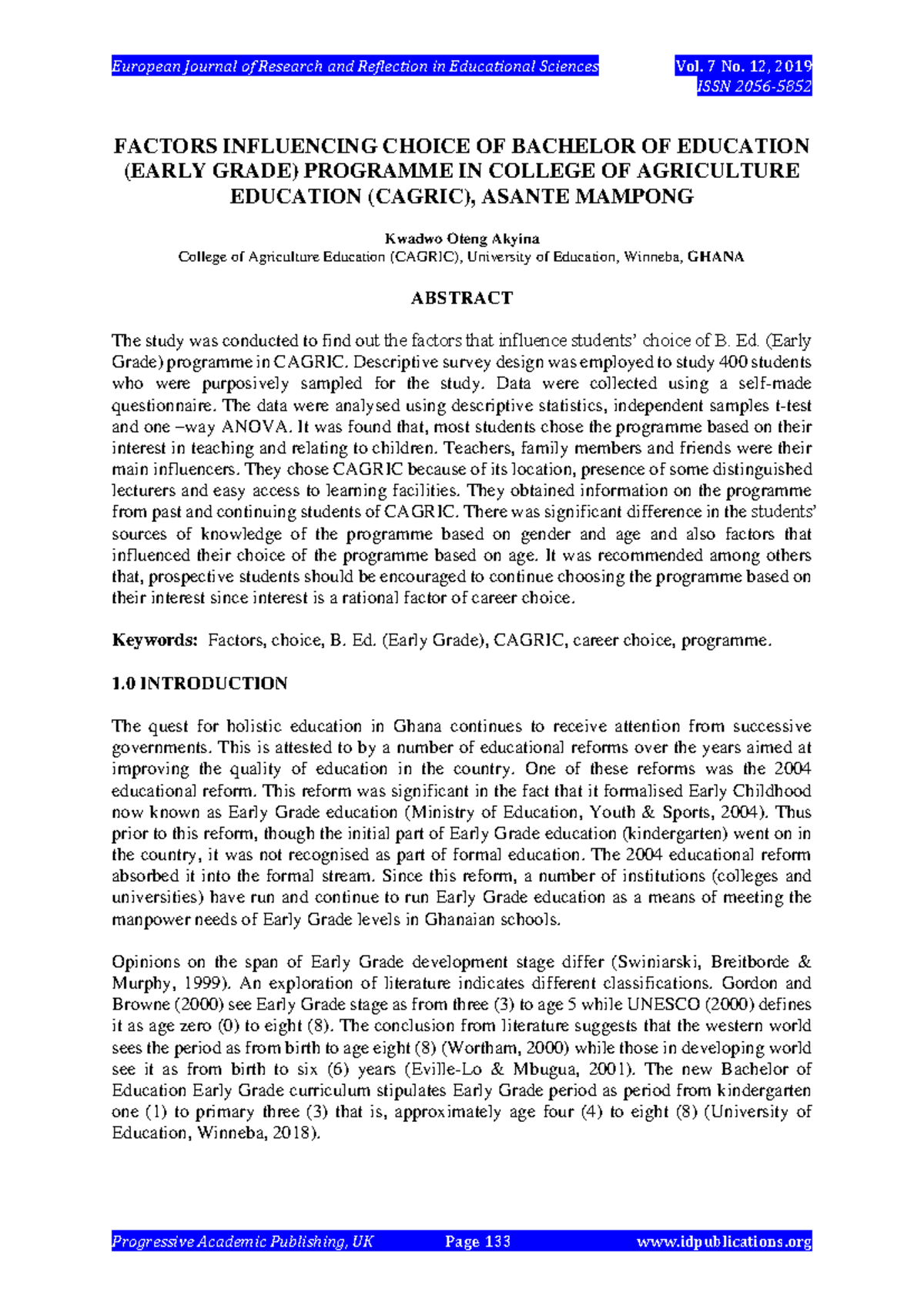 Full Paper Factors Influencing Choice OF Bachelor OF Education Early ...