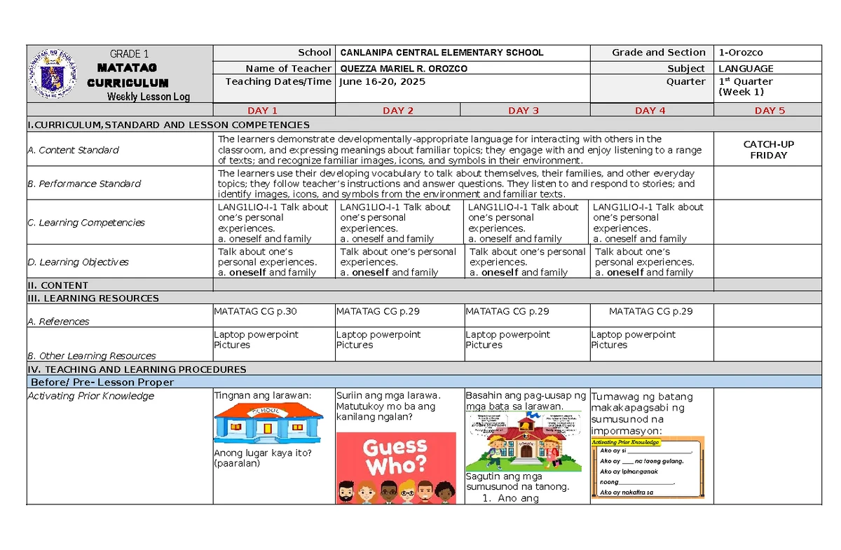 Grade 1 GMRC Weekly Lesson Log - 1st Quarter (Week 1) - Studocu