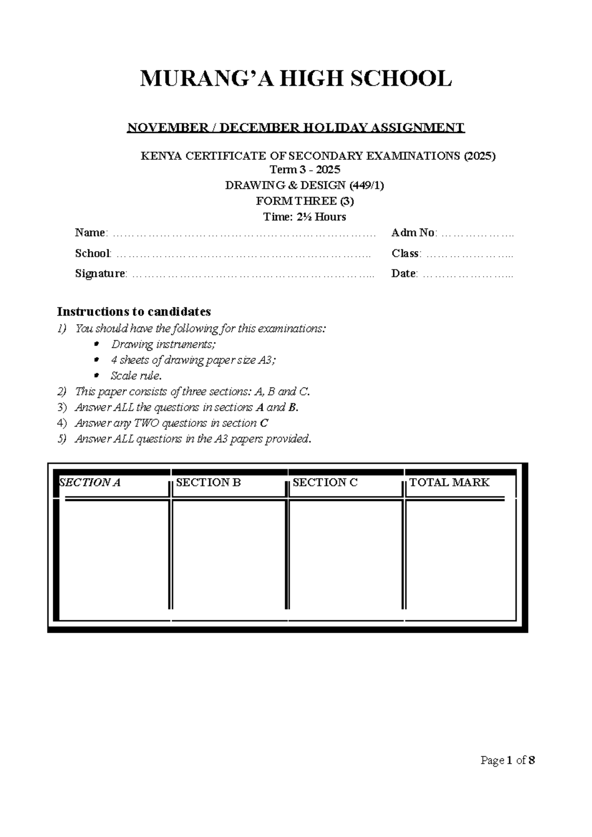 High School Term 3 Drawing Design Assignment KCSE 2025 - Studocu