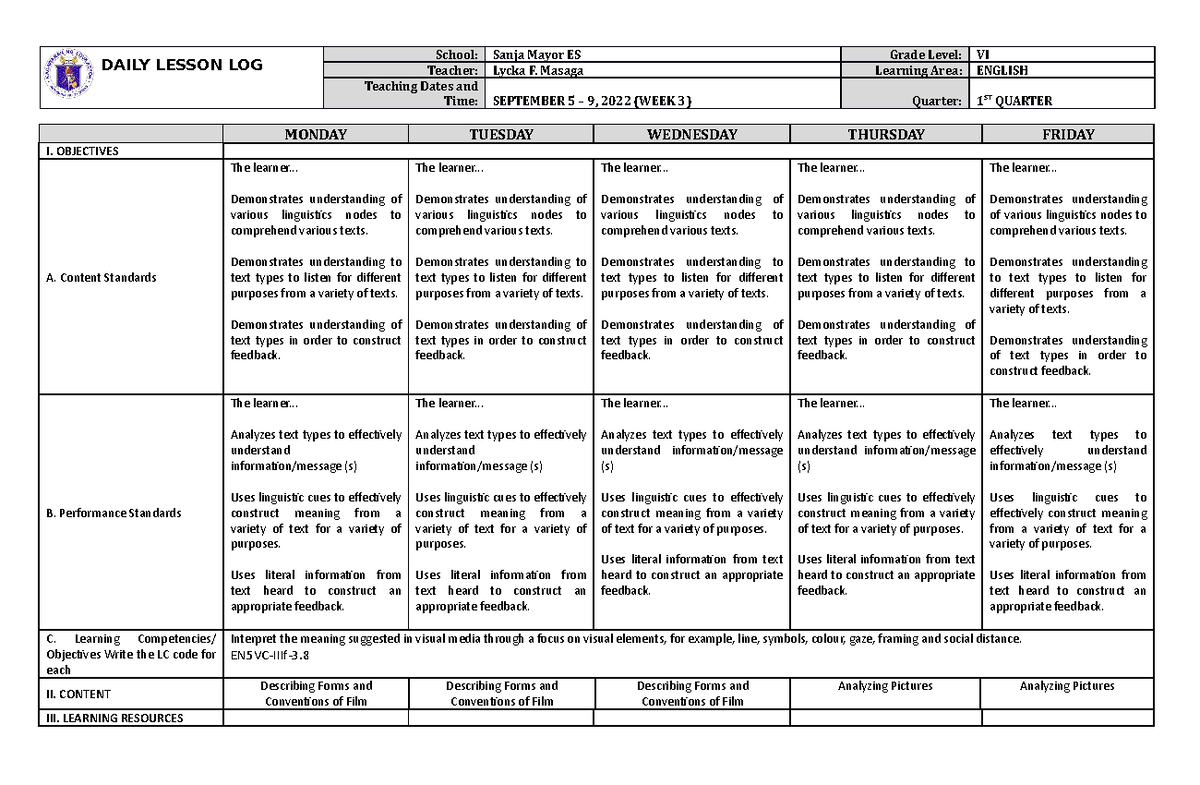 DLL English-6 Q1 W3 - Daily Lesson Log for Week 3 of the First Quarter ...