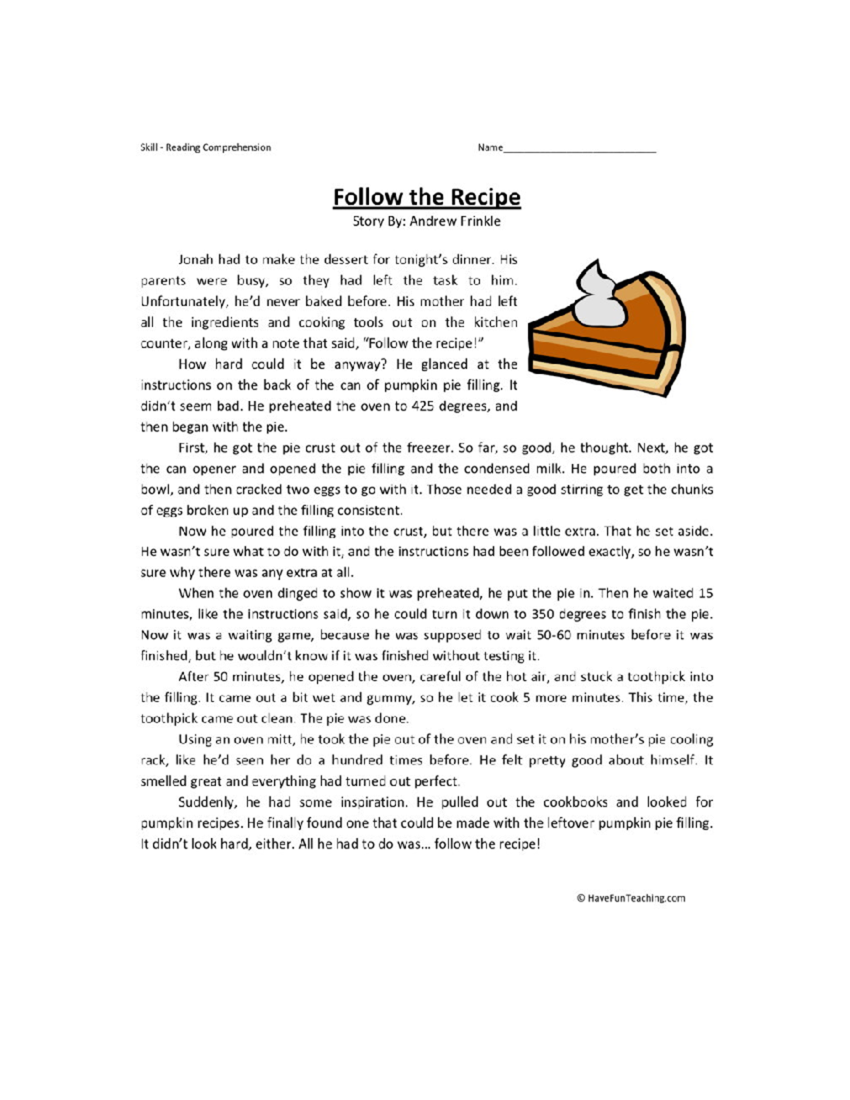 Reading Task - Following the recipe PDF - Skill Reading Comprehension ...