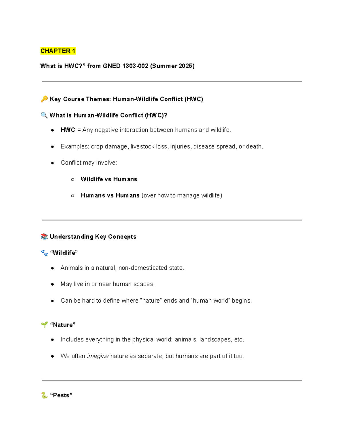 GNED 1303 - Chapter 1: Understanding Human-Wildlife Conflict - Studocu