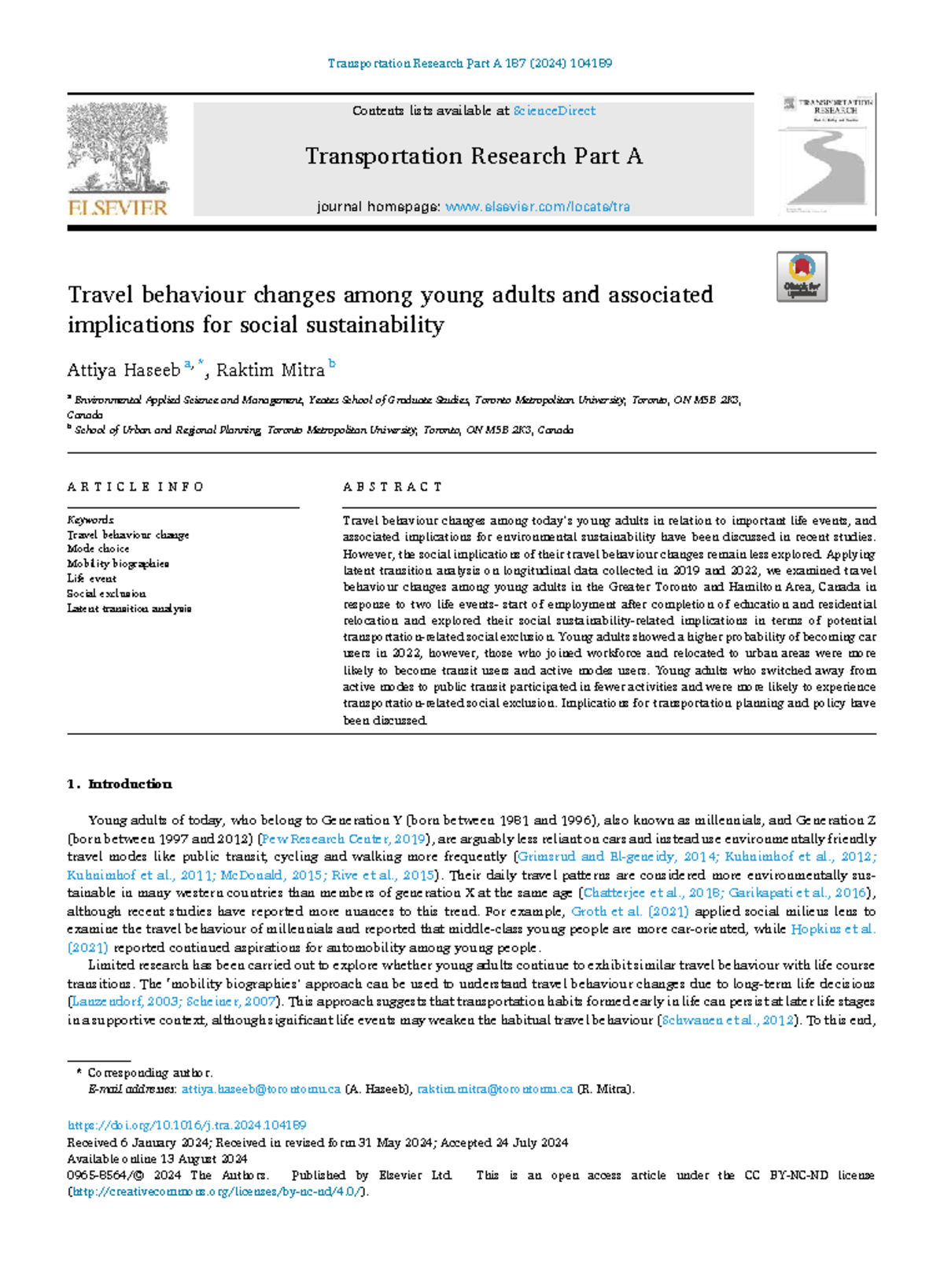 Travel Behavior Changes Among Young Adults: Implications for Social ...