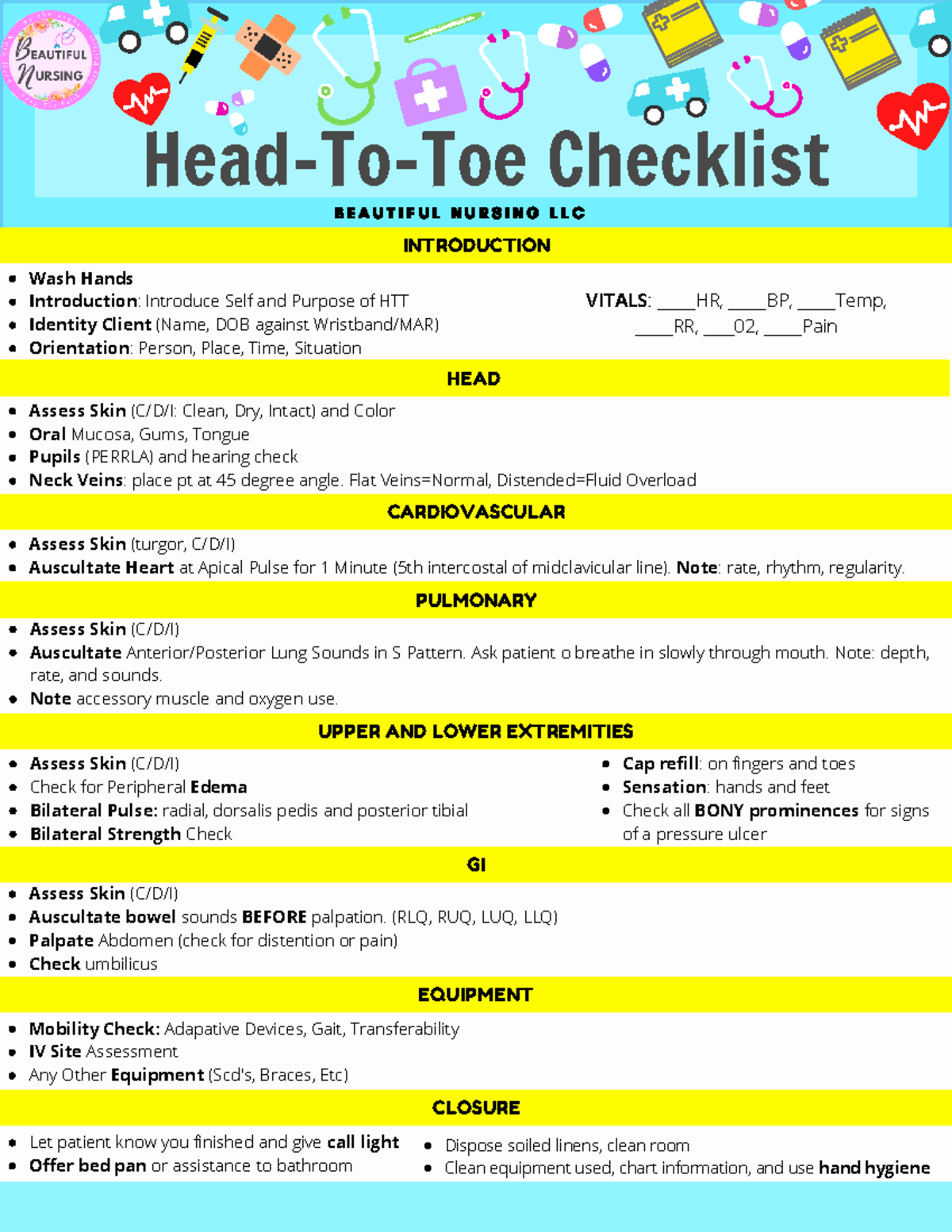 Head To Toe Cheat sheet - Head-To-Toe Checklist B E A U T I F U L N U R ...