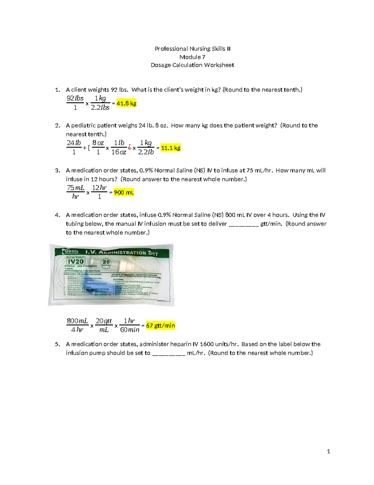 NUR2502 Module 7 Dosage Calculation Worksheet - Professional Nursing ...