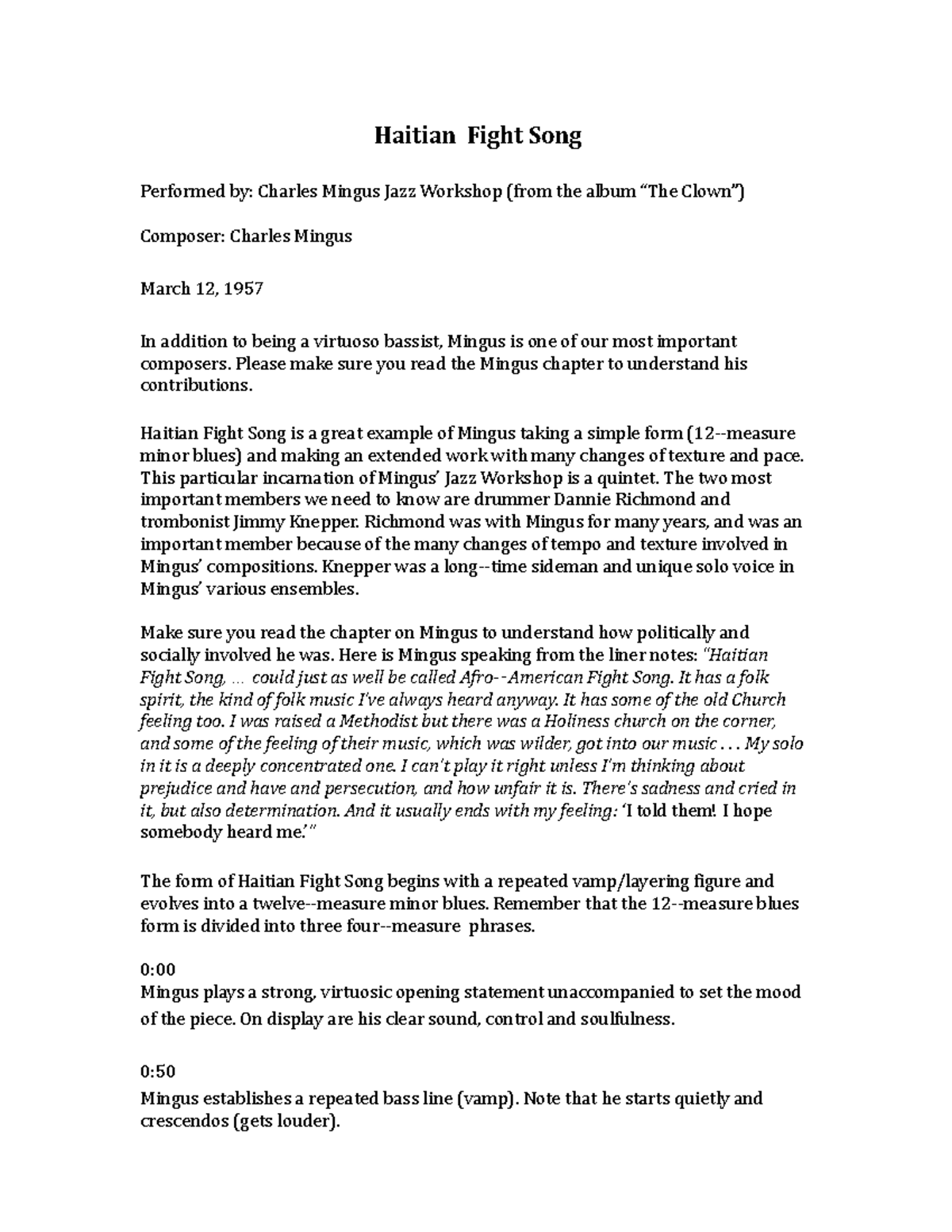 Analyzing the Haitian Fight Song: A Study of Mingus' Composition - Studocu