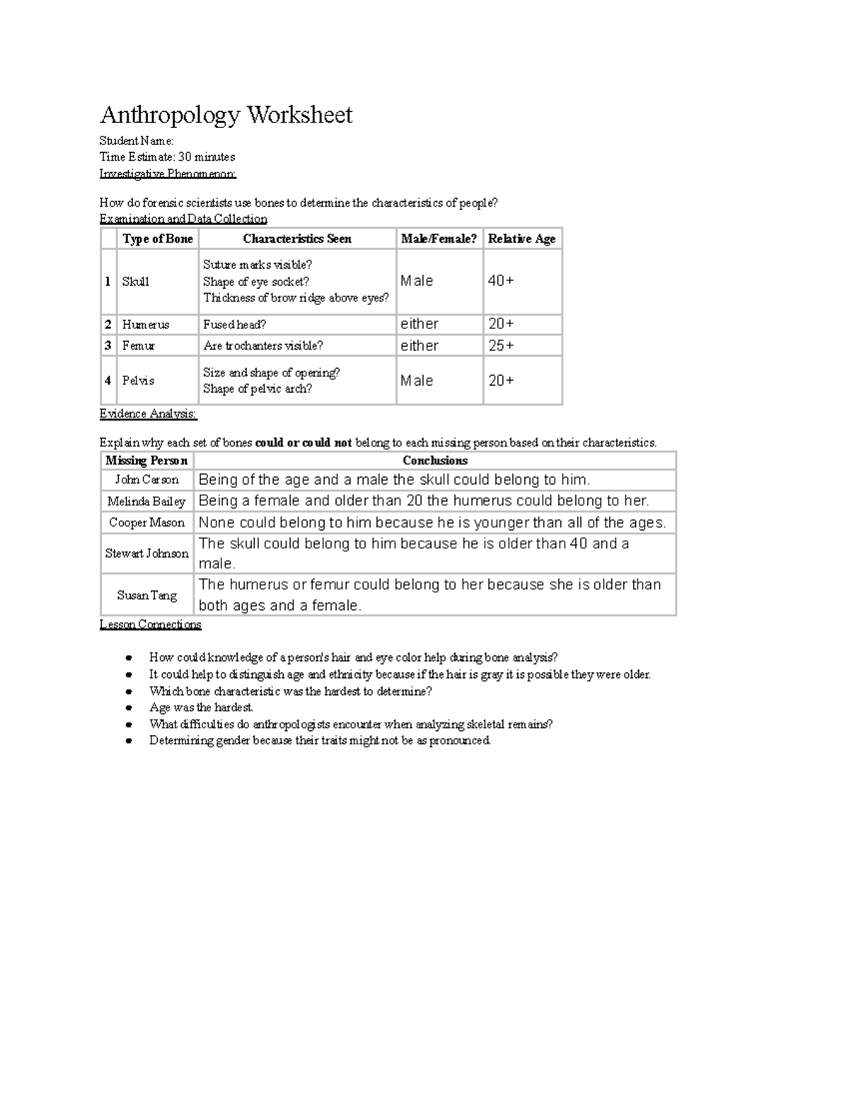 Forensic Anthropology Worksheet: Bone Analysis & Missing Persons ...