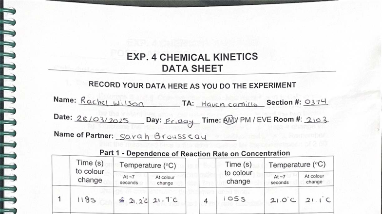 Exp. 4 Chemical Kinetics Data Sheet - Record Your Data Here - Studocu