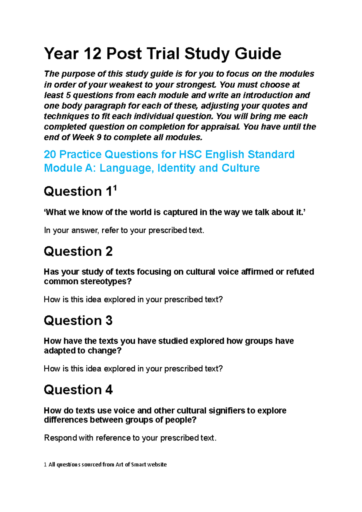 20 Practise Questions for the HSC - Year 12 Post Trial Study Guide The ...