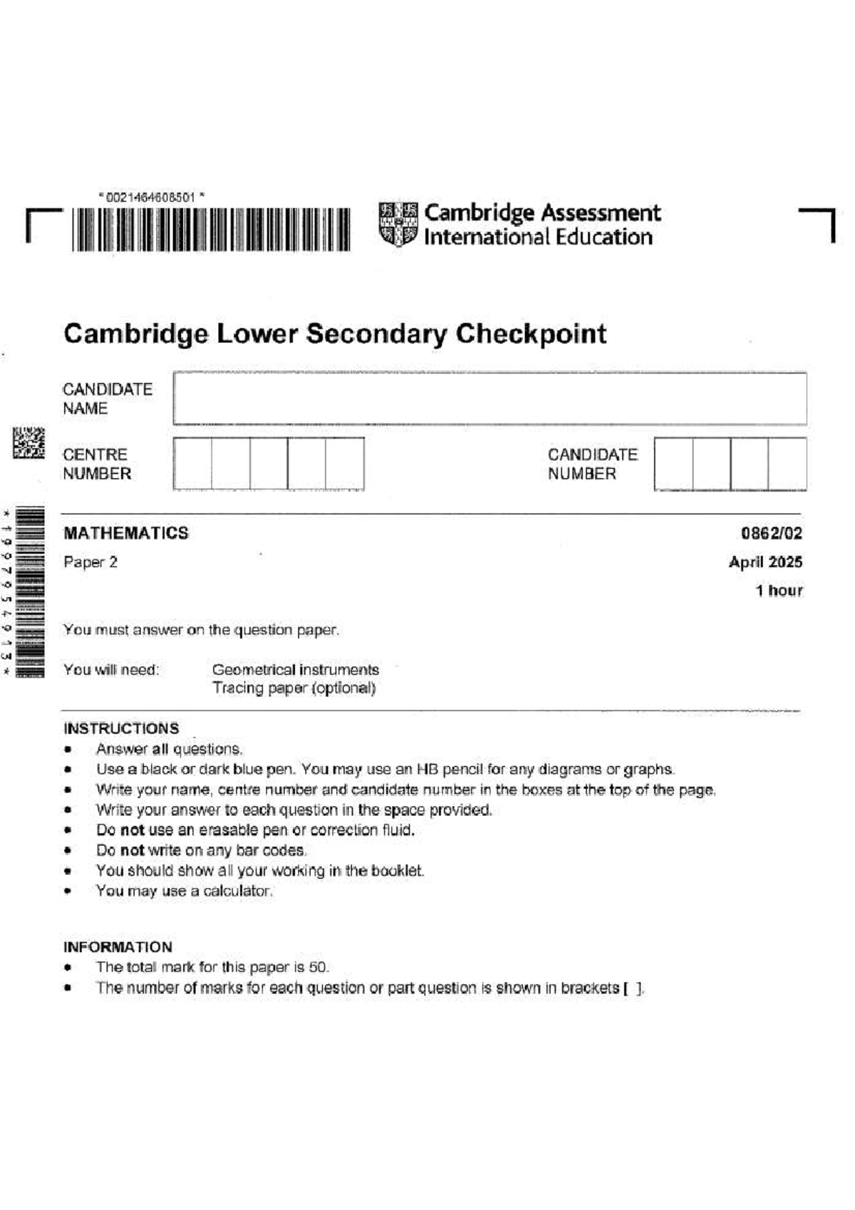 QP2-MGl 002: Cambridge Lower Secondary Checkpoint Math Paper 2 - April ...