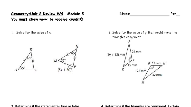 Geometry: Unit 2 Review WS Mod 5 - Triangle Congruence Concepts - Studocu