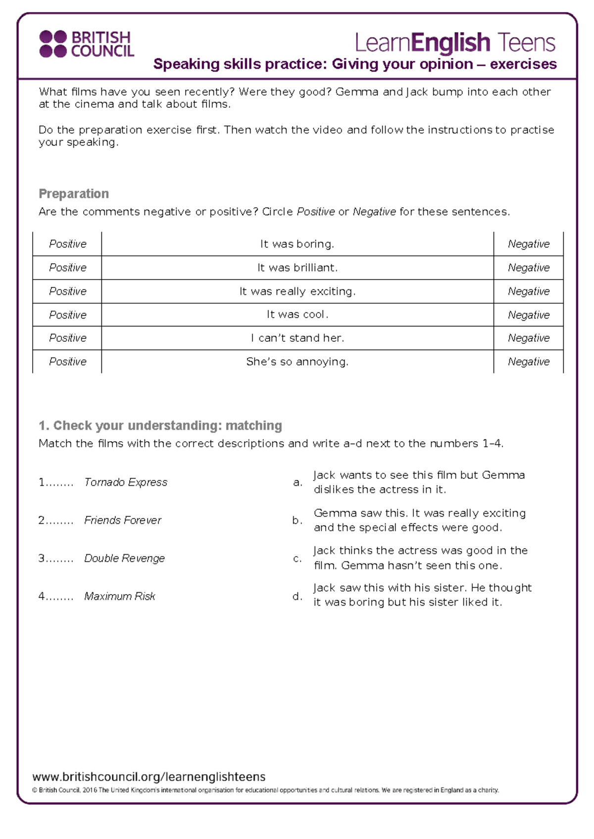 Giving Your Opinion – Speaking Skills Practice Worksheet B.C - Studocu