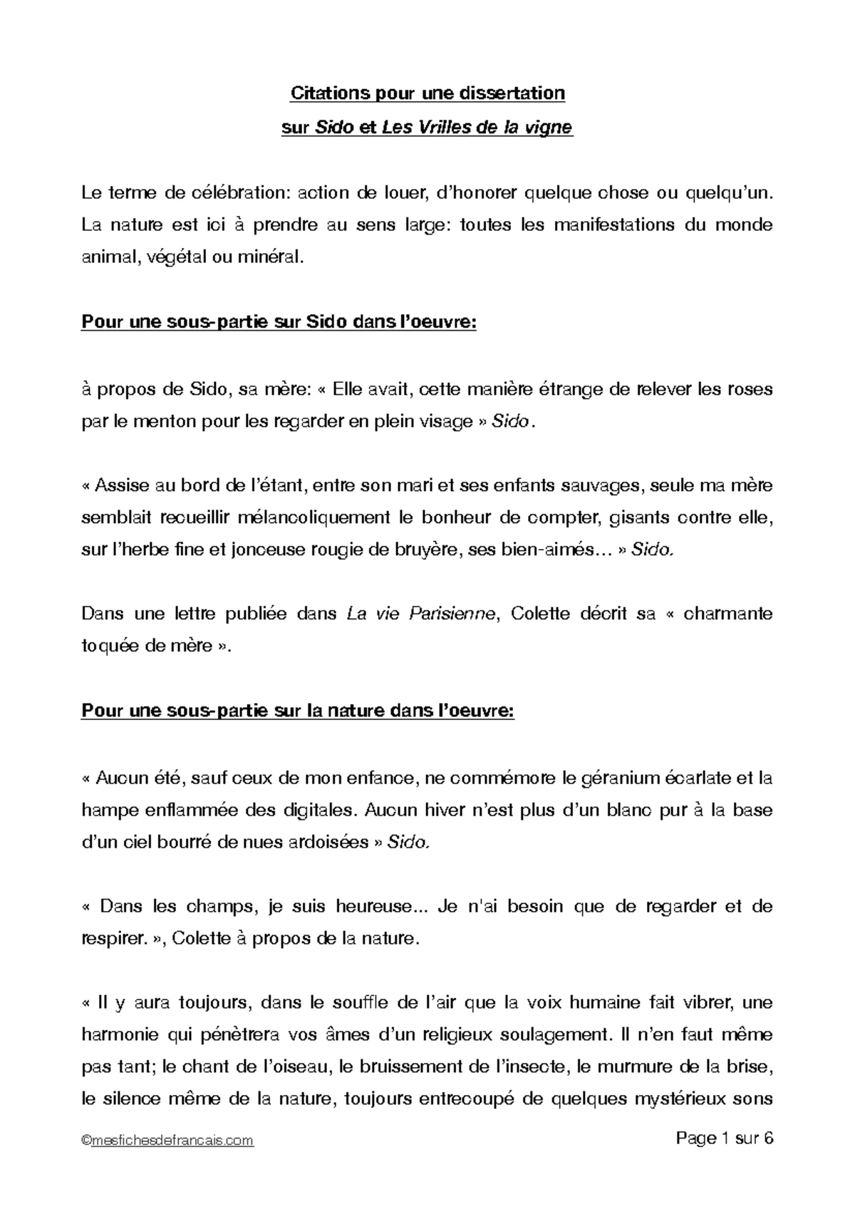 Plan de Dissertation sur Colette : « Chanter » Sido dans Sido - Studocu