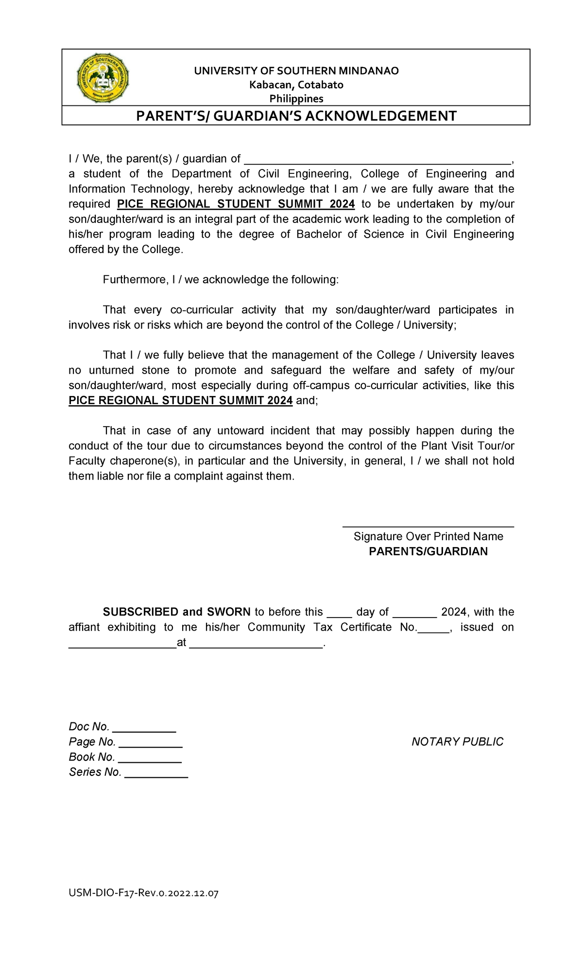 USM-DIO-F17-Rev.0.2022: Guardians’ Acknowledgement for PICE Summit 2024 - Studocu