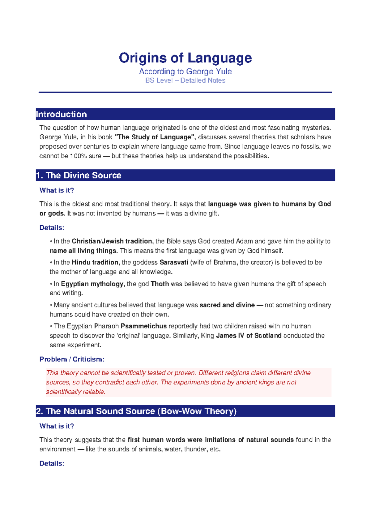 BS Level: Origins of Language Theories - Detailed Notes on Yule - Studocu