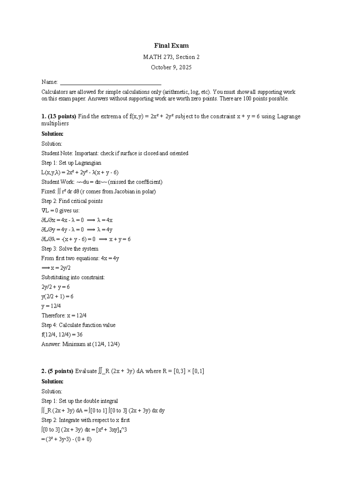 Final Exam Solutions for MATH 273, Section 2 - October 9, 2025 - Studocu