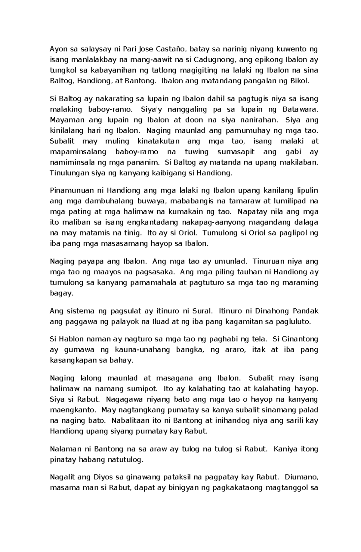 Epiko ng Ibalon: Buod ng Kuwento at mga Tauhan - BSED-Filipino - Studocu