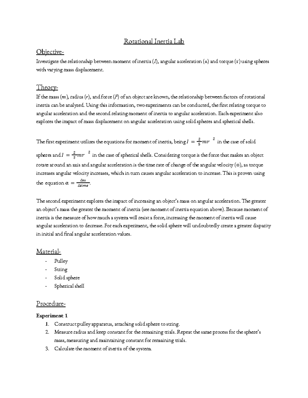 Rotational Inertia Lab Report - Rotational Inertia Lab Objective ...