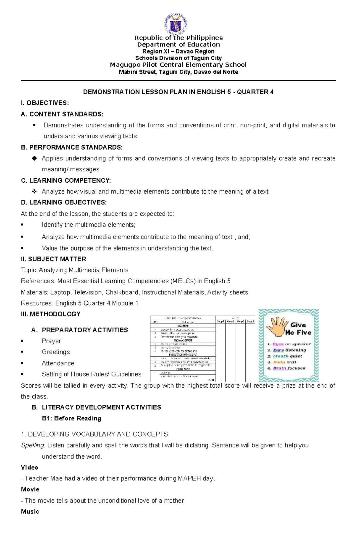 DLP - Demonstration Lesson Plan for English 5: Analyzing Multimedia ...
