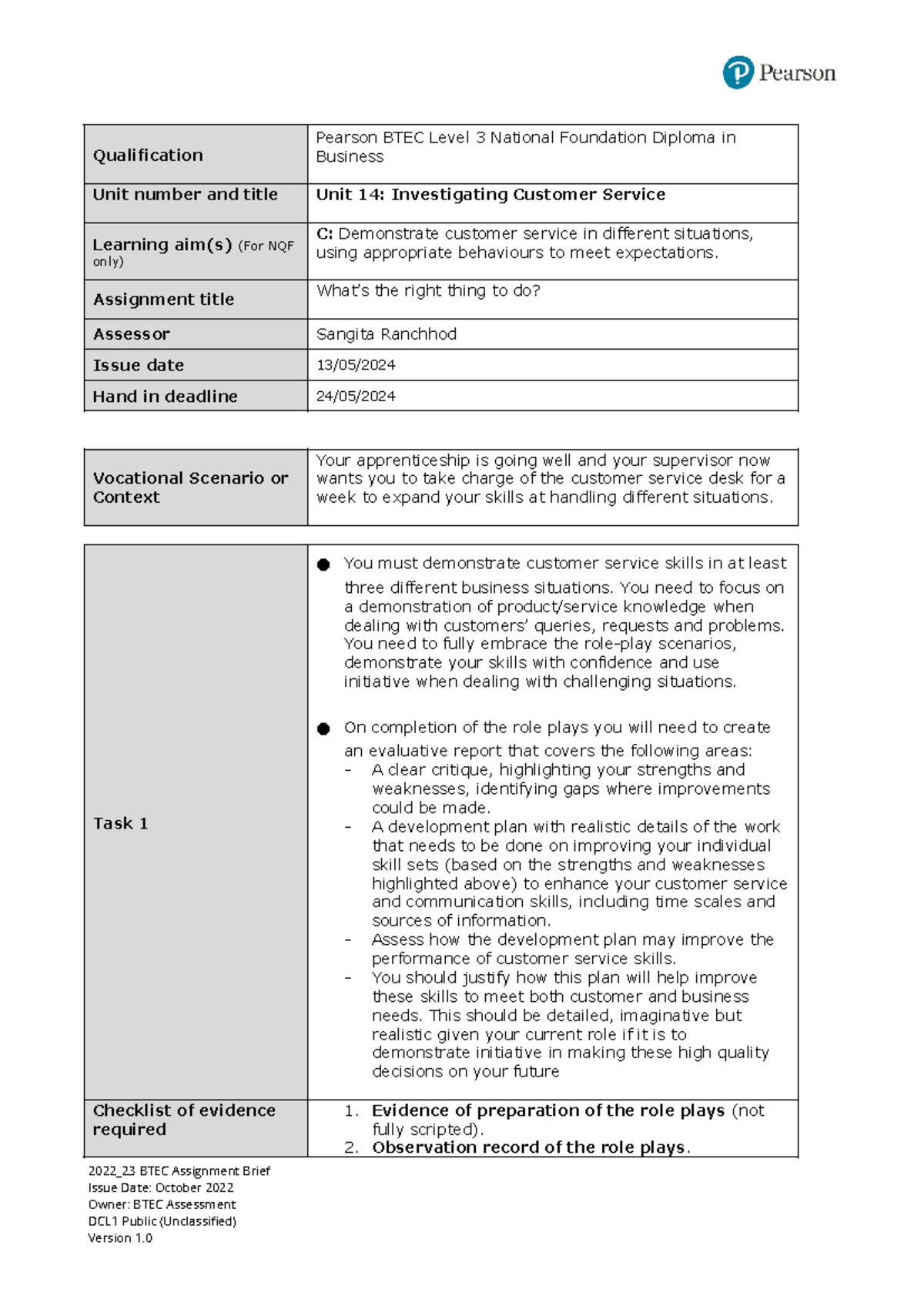 Unit 14 Assignment Brief: Investigating Customer Service Skills - Studocu