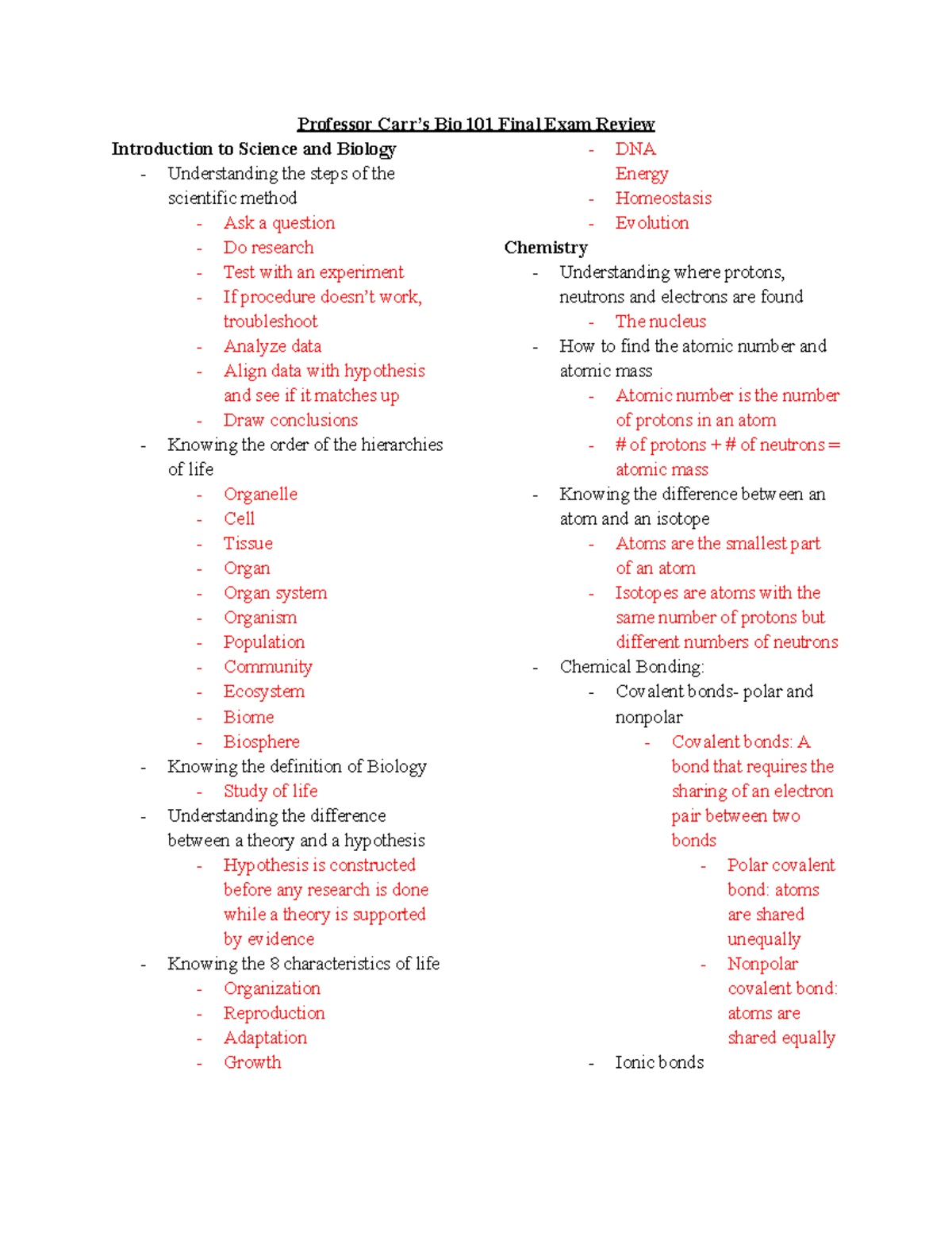 Bio 101 (Final Exam) Review: Key Concepts and Topics by Professor Carr ...