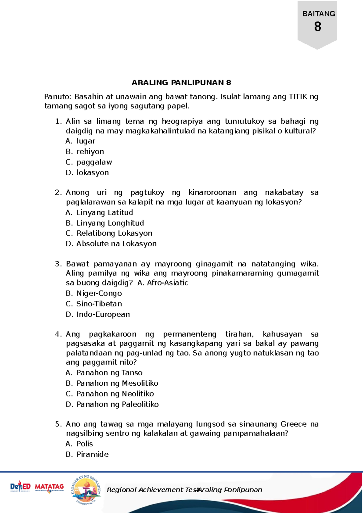 AP-Grade-8 - Araling Panlipunan Diagnostic Exam Questions - Studocu