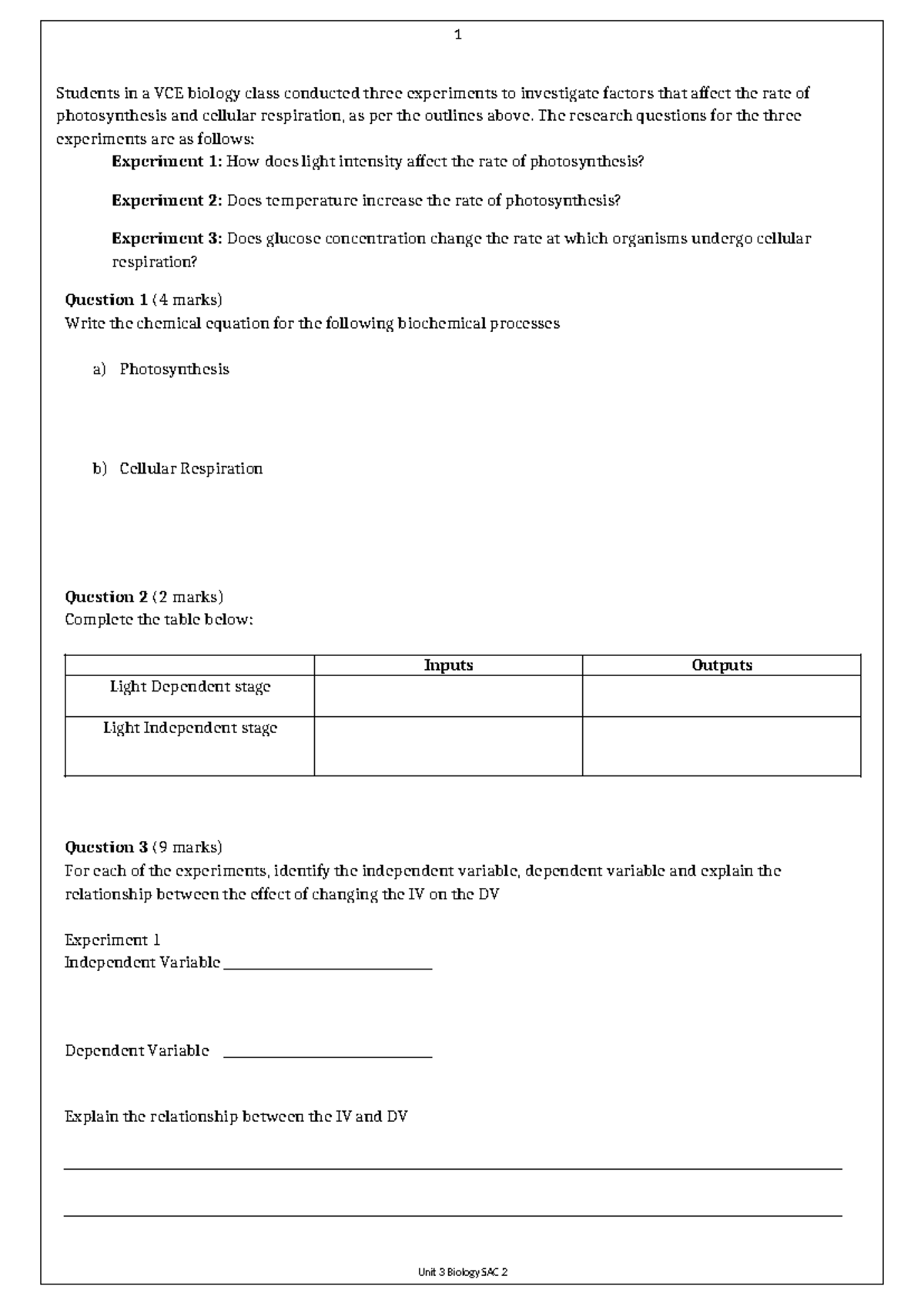 Unit 3 Biology SAC 2 2024: Evaluation of Photosynthesis & Respiration ...