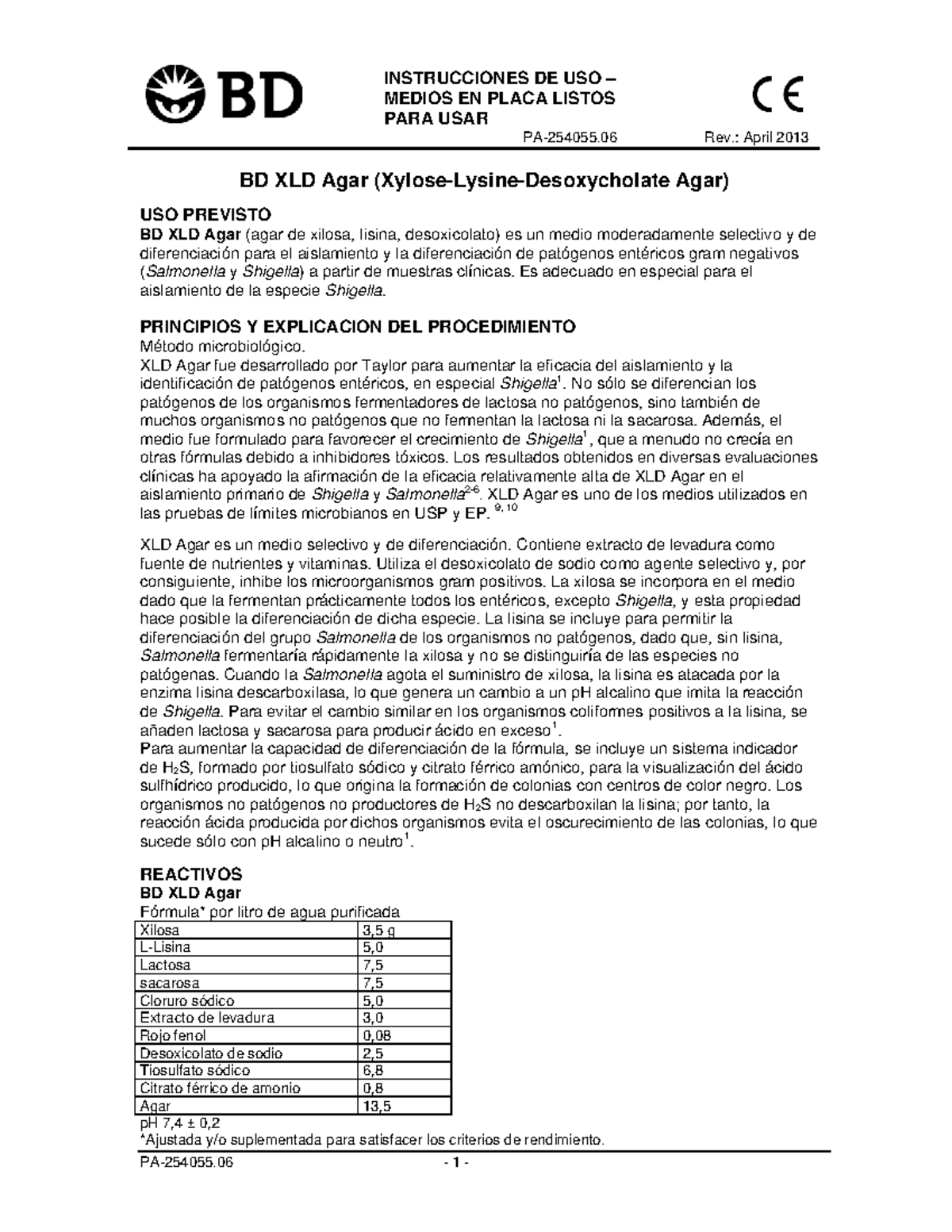 Instrucciones de Uso del Medio BD XLD Agar (PA-254055) para Patógenos ...