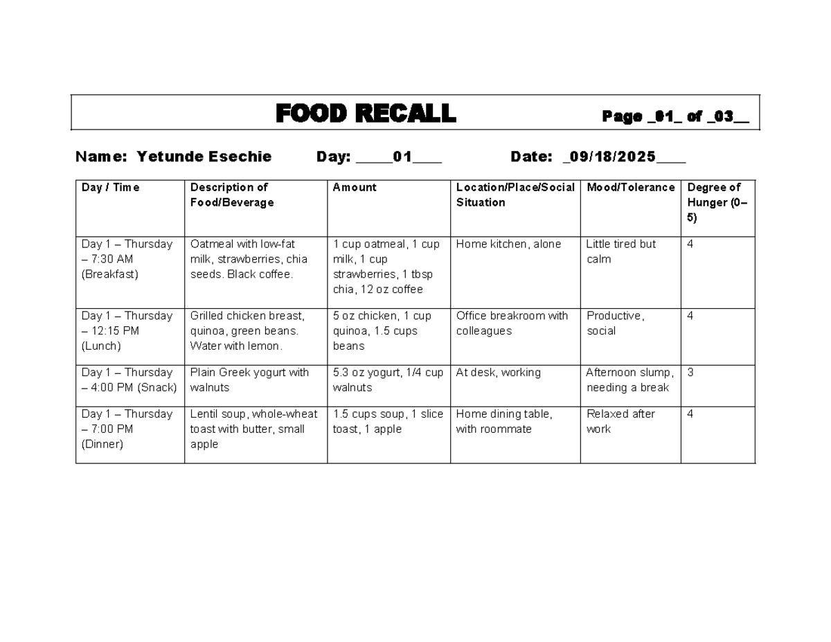 3-Day Food Recall Intake Forms: Reflection & Analysis - Studocu