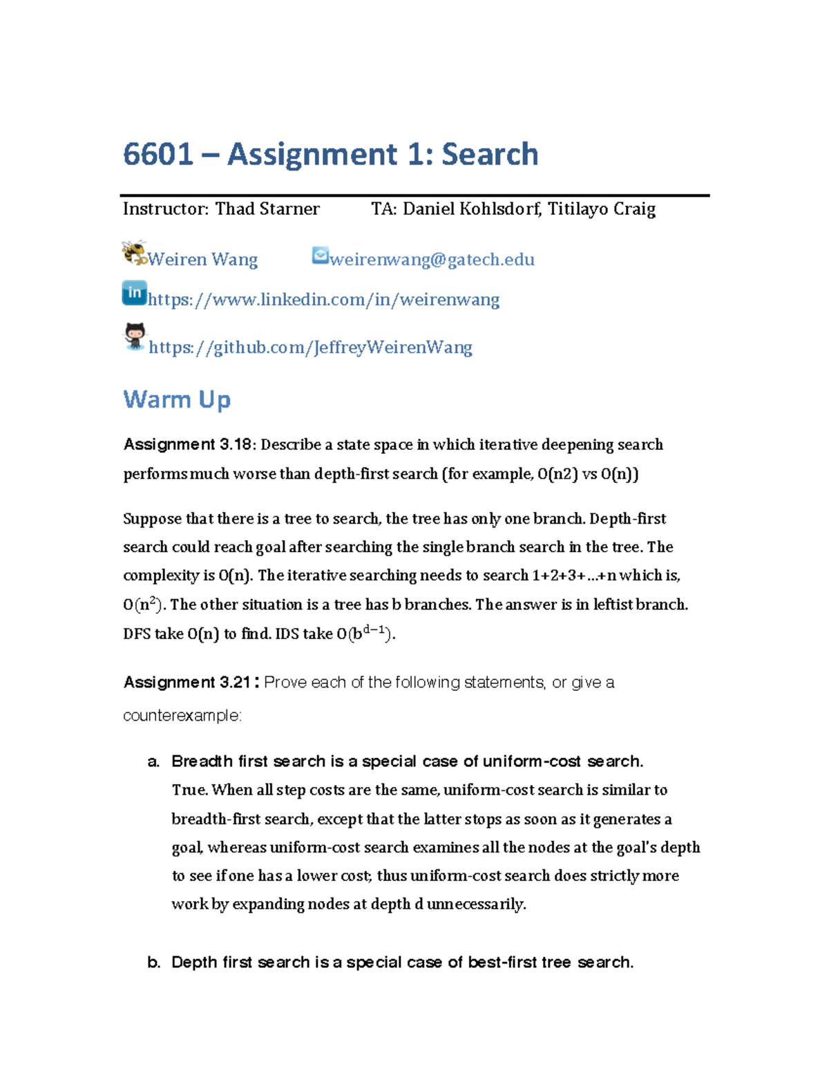 CS6601 - Assignment 1: Search Strategies and Complexity Analysis - Studocu
