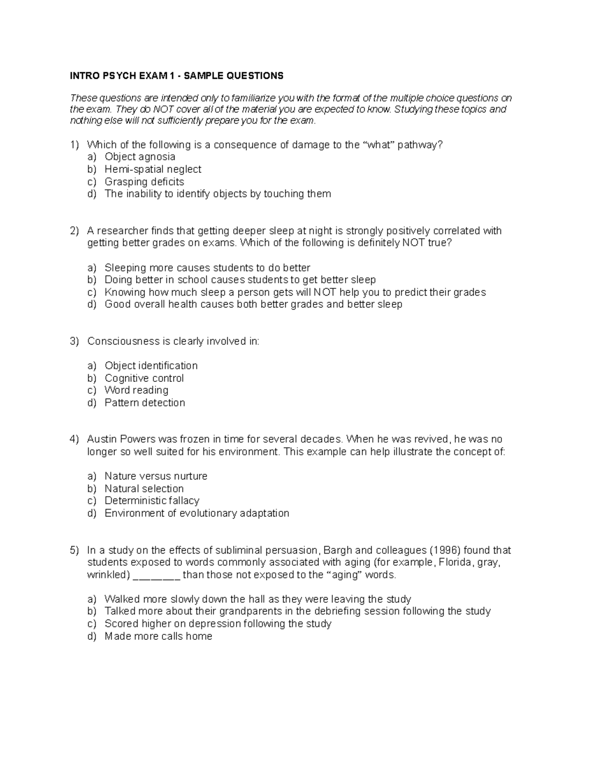 INTRO PSYCH 101 EXAM 1 PRACTICE QUESTIONS & FORMAT - Studocu