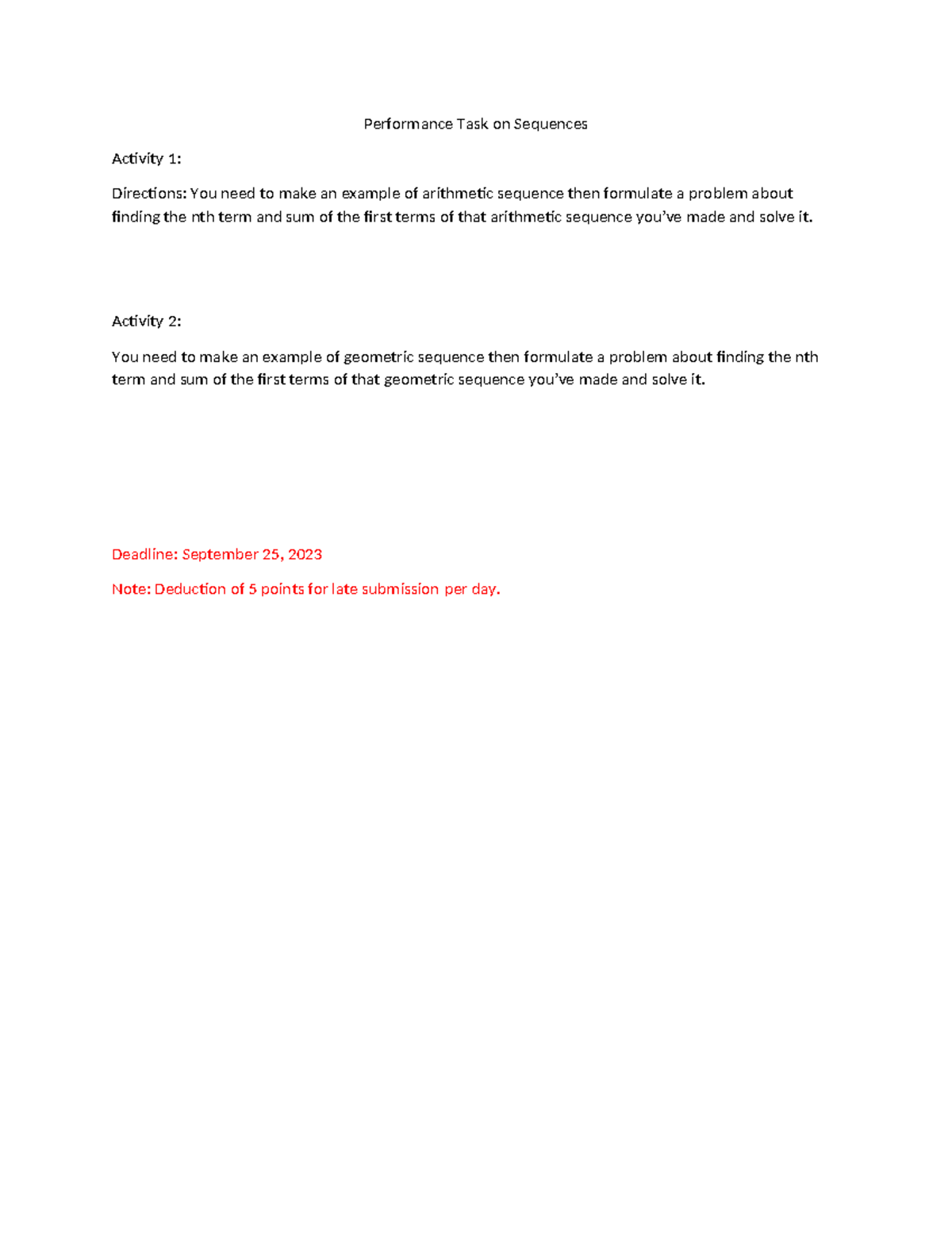 Performance Task on Sequences - Performance Task on Sequences Activity ...