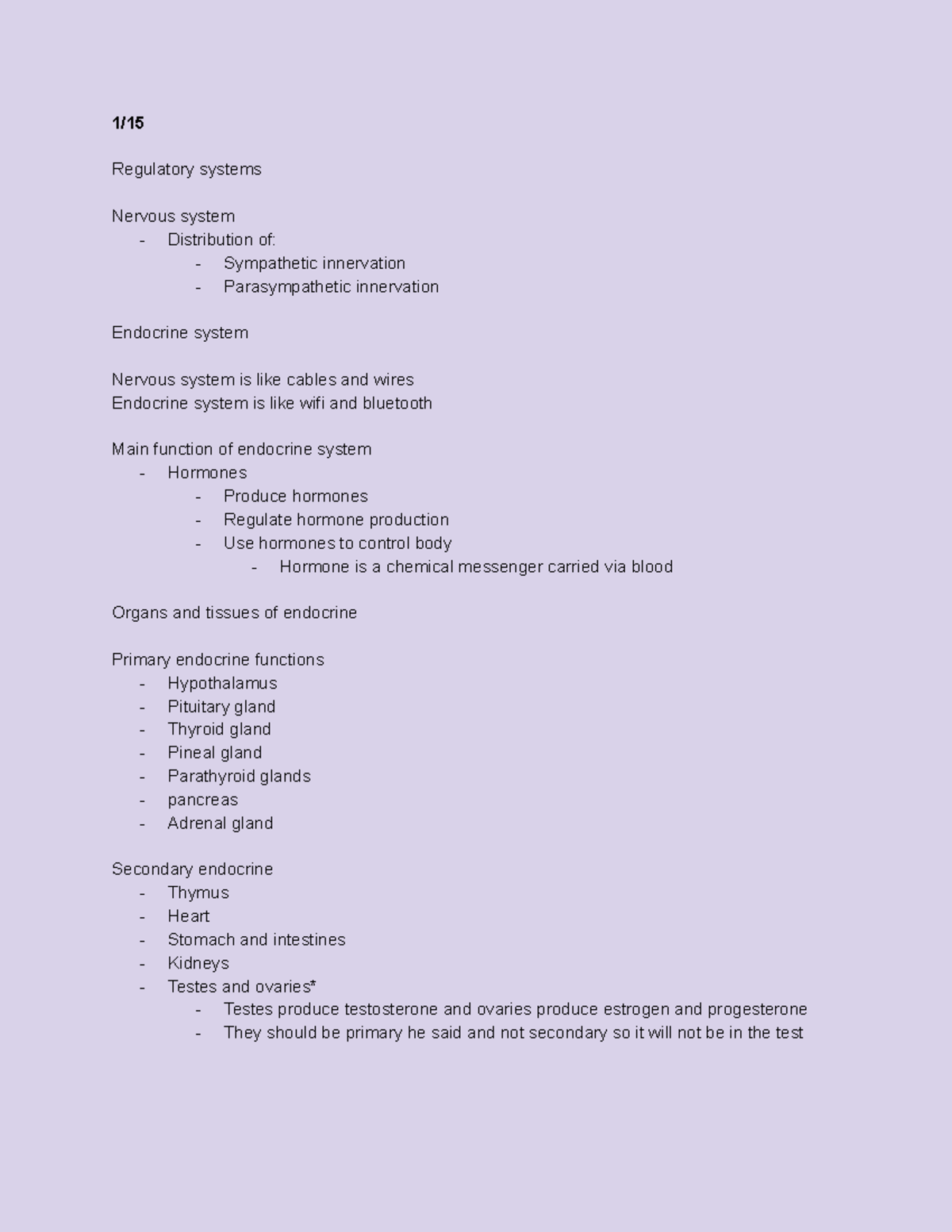 PHYL Lecture Notes: Endocrine & Nervous System Overview - Studocu