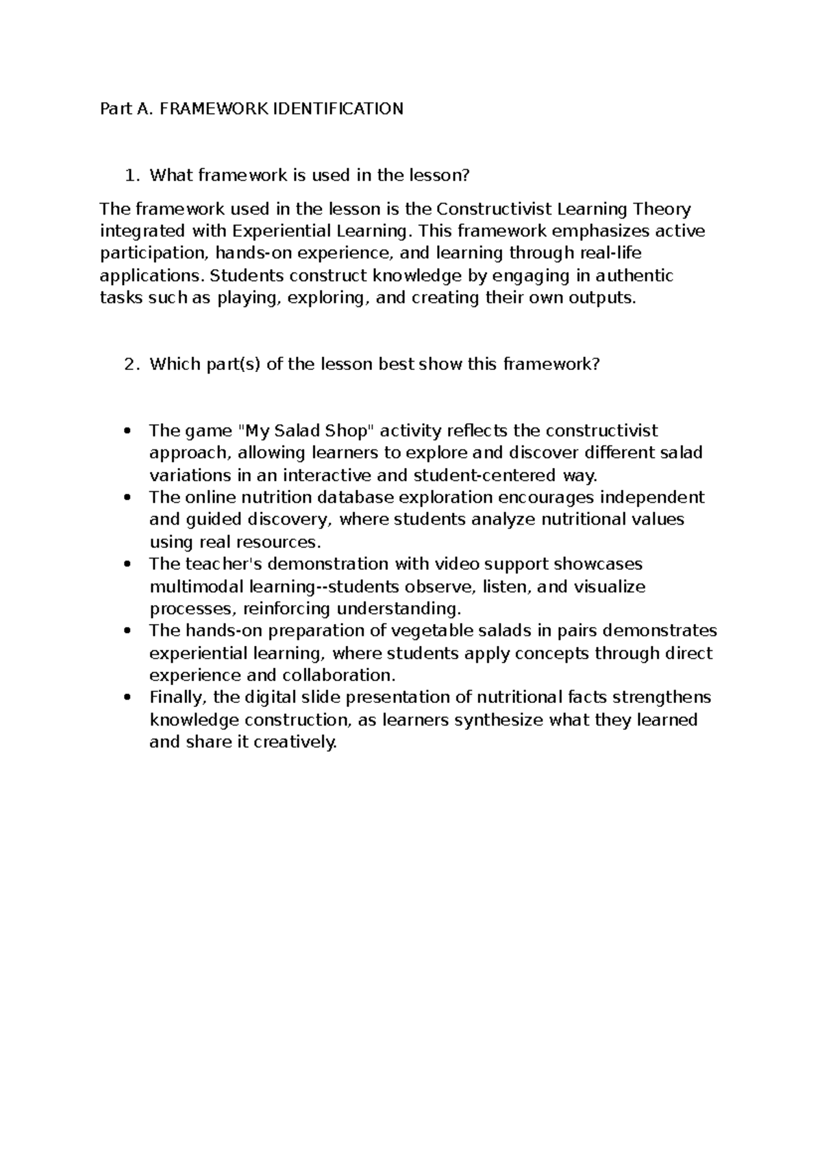 Part A: Framework Identification in Profed 6 Lesson - Studocu