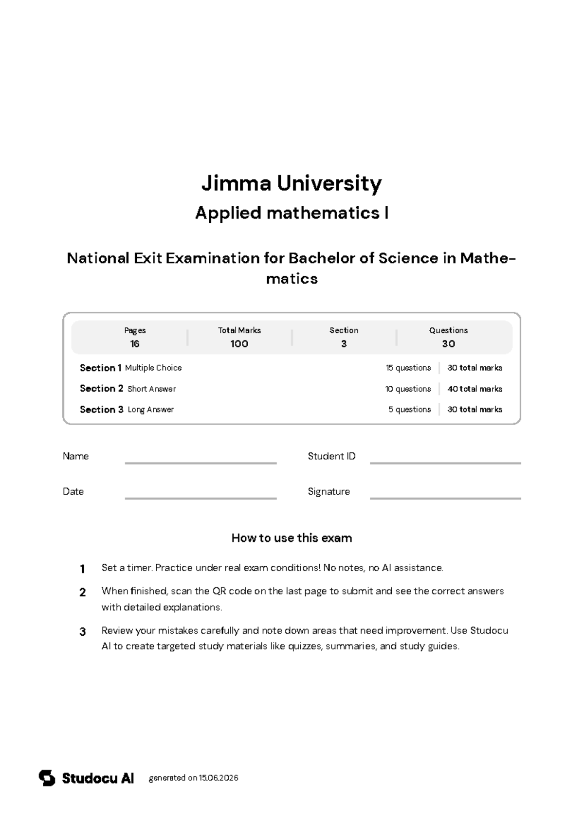 National Exit Exam for BS in Mathematics - Studocu