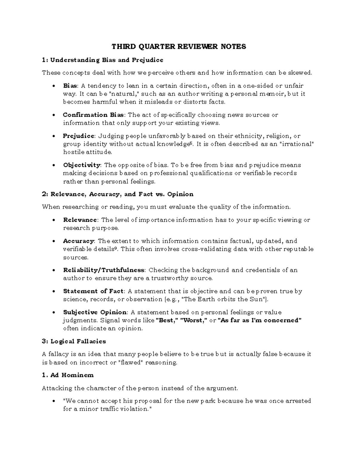 THIRD QUARTER REVIEWER NOTES 1: Understanding Bias & Prejudice - Studocu