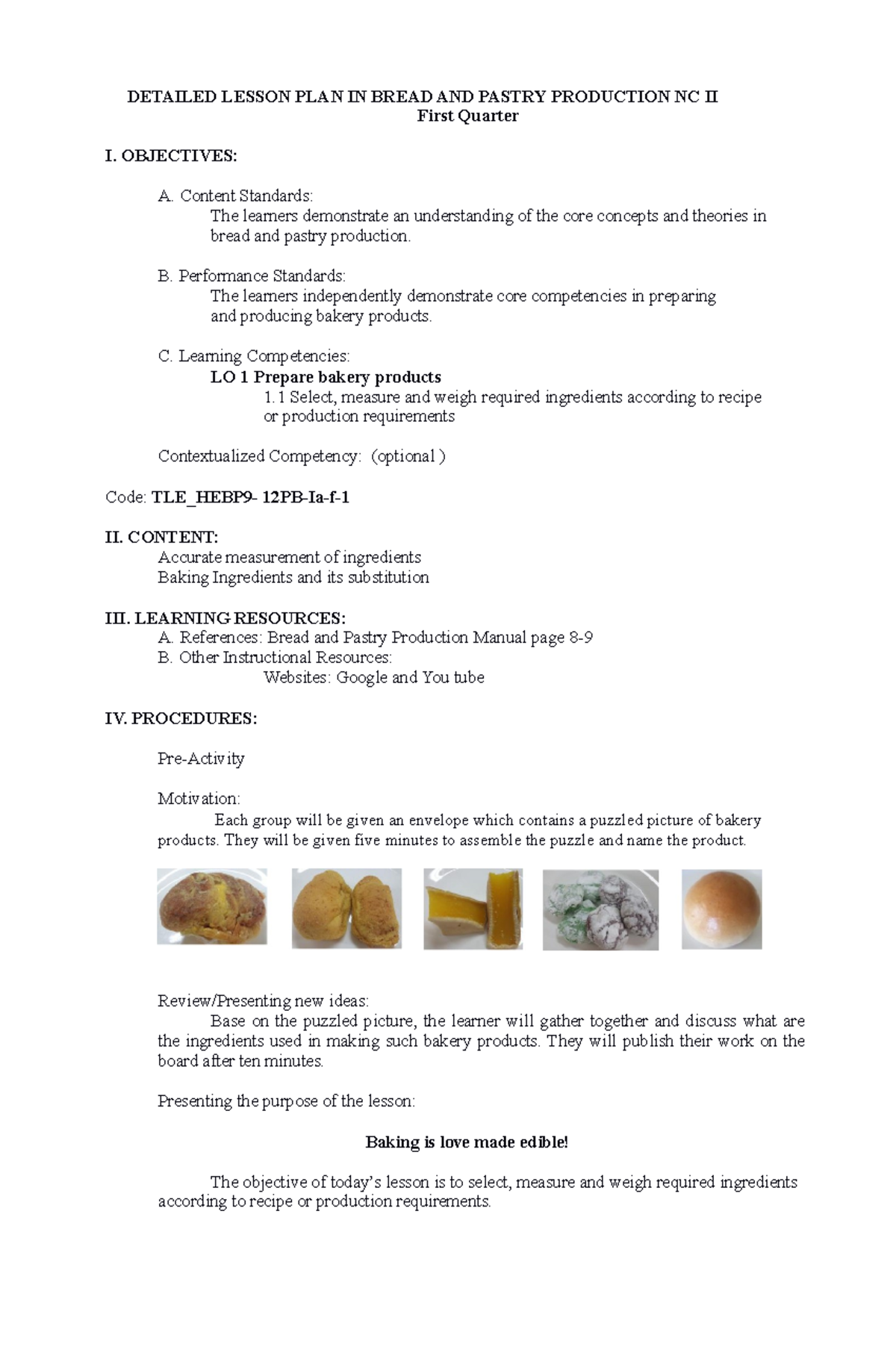 Detailed Lesson Plan: Bread & Pastry Production NC II - 1st Qtr ...
