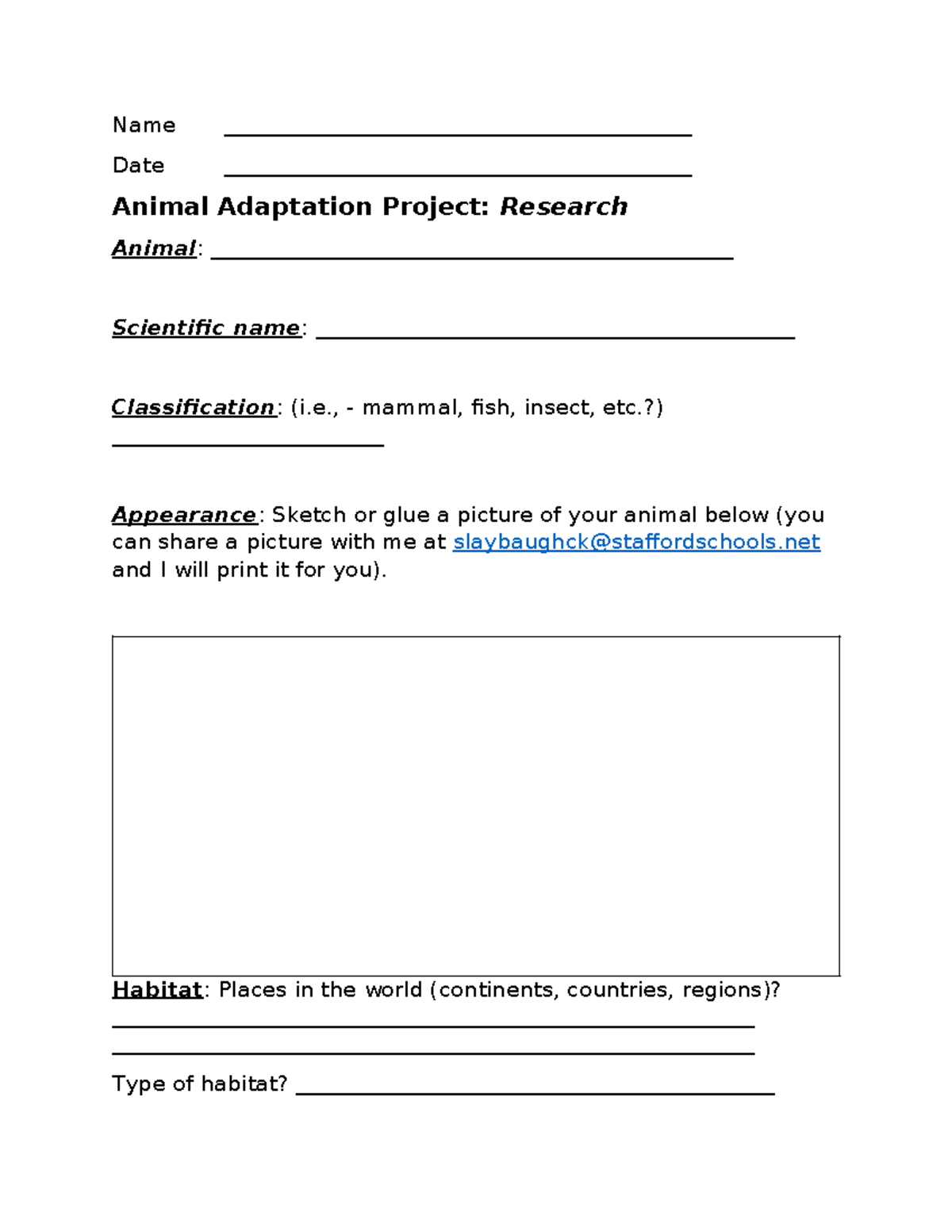 Animal adaptation project - Name ...