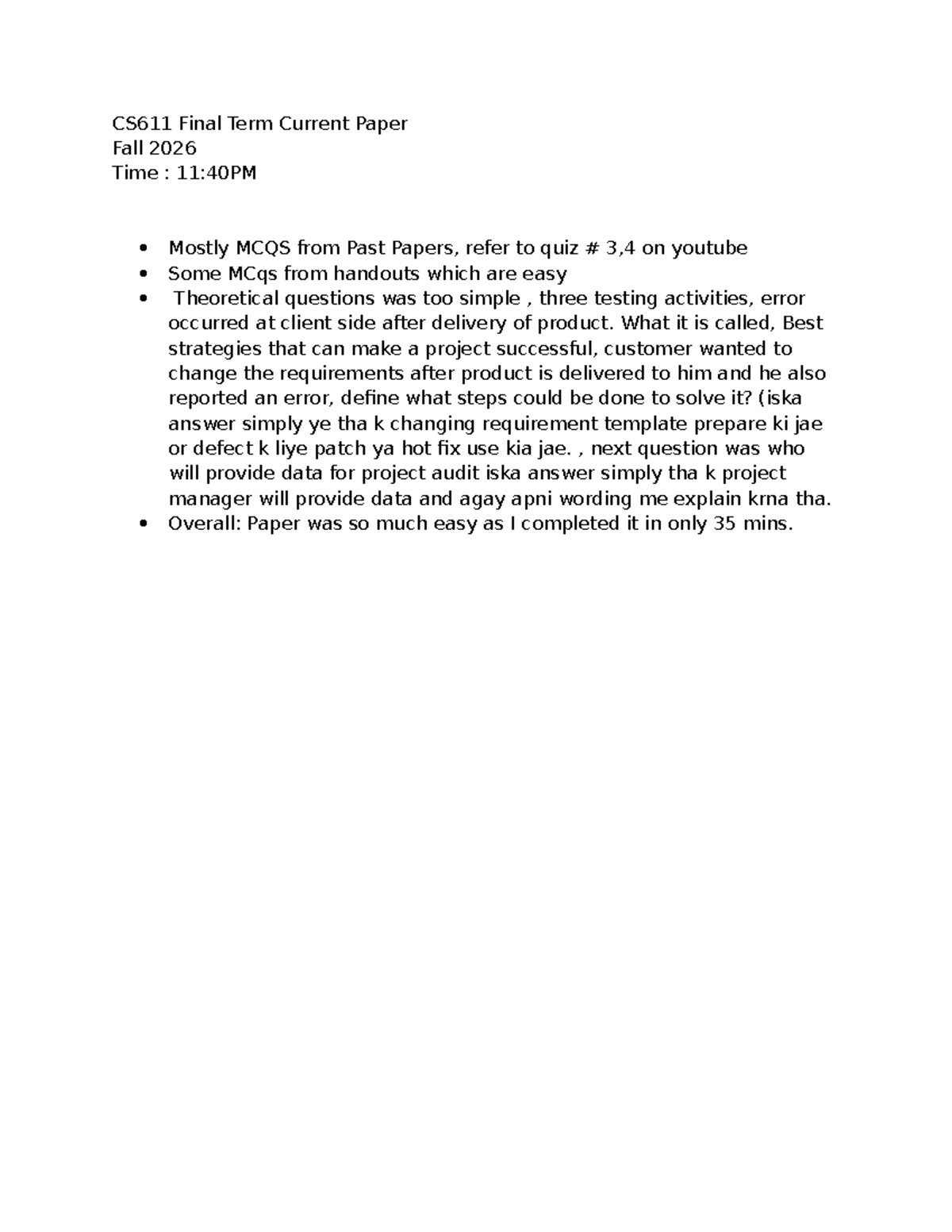 CS611 Final Term Paper Review Fall 2026: Easy MCQs & Strategies - Studocu