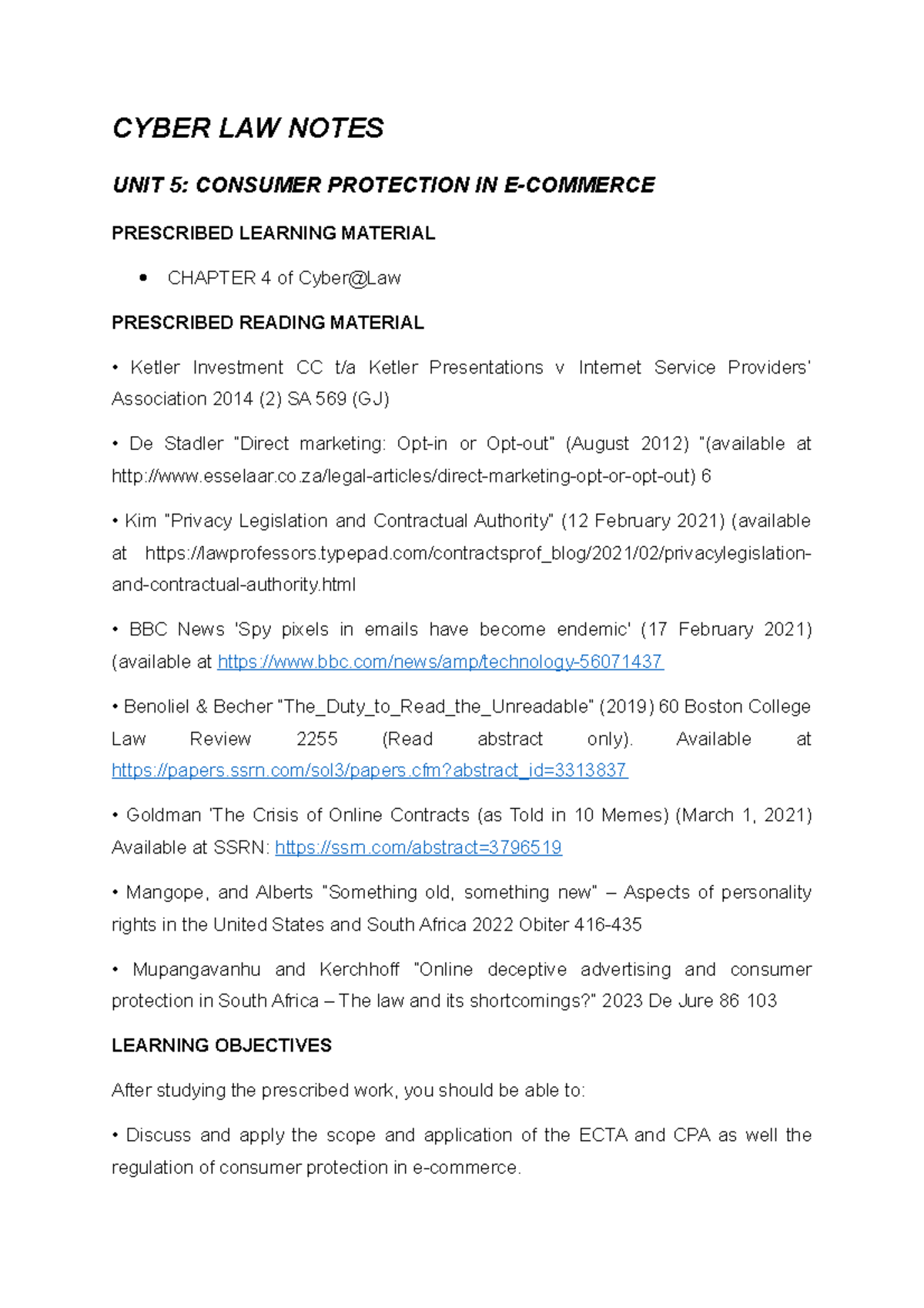 Cyber LAW Notes UNIT 5 - CYBER LAW NOTES UNIT 5: CONSUMER PROTECTION IN ...